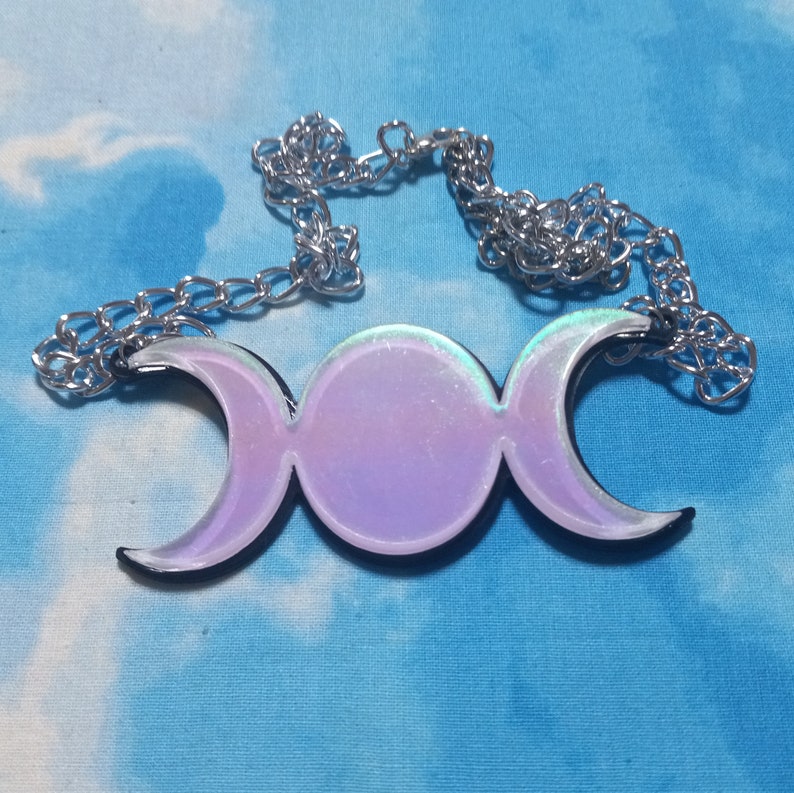 Iridescent TRIPLE MOON Symbol Acrylic Necklace With Silver - Etsy