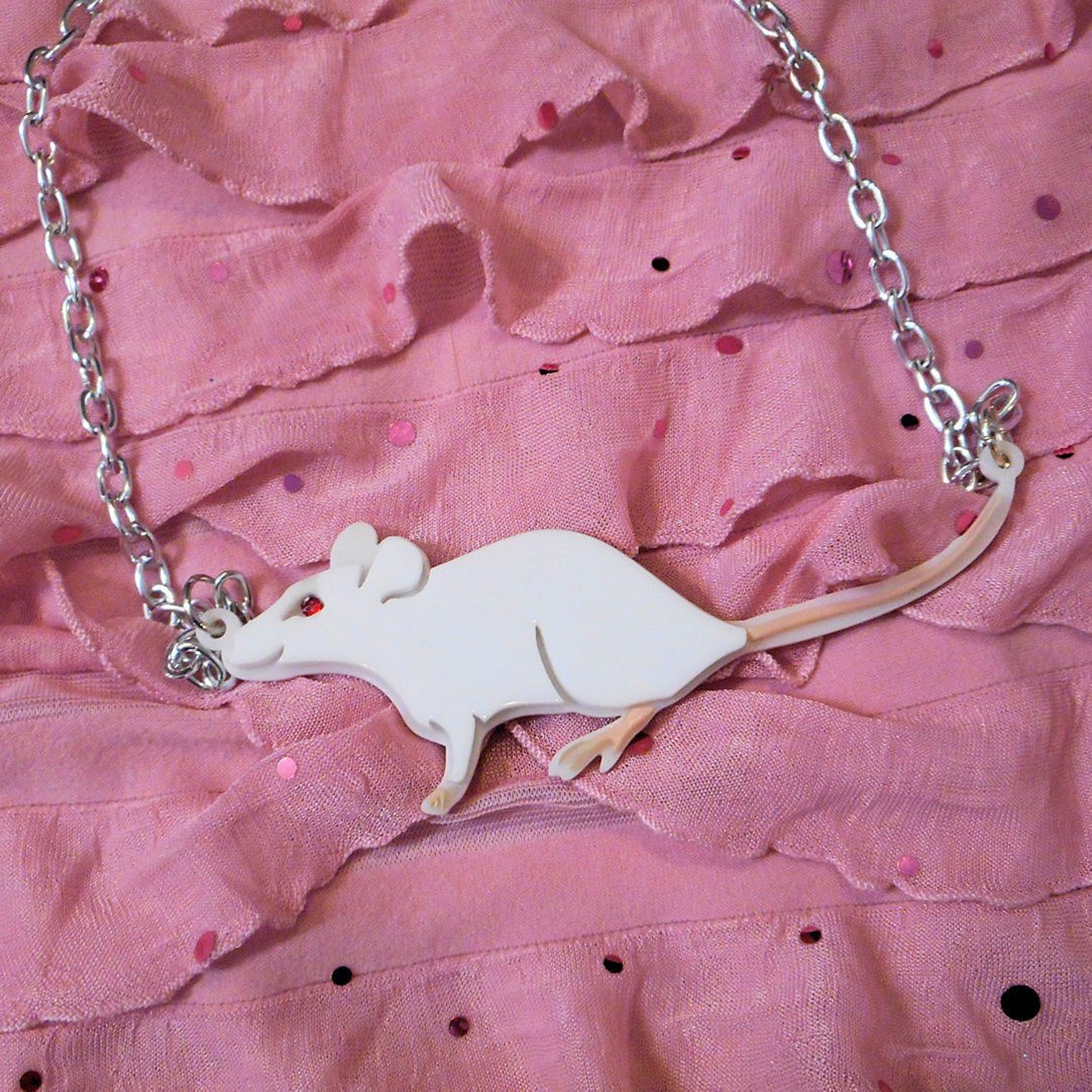 White Rat Acrylic Necklace With Red Rhinestone Eye Silver - Etsy