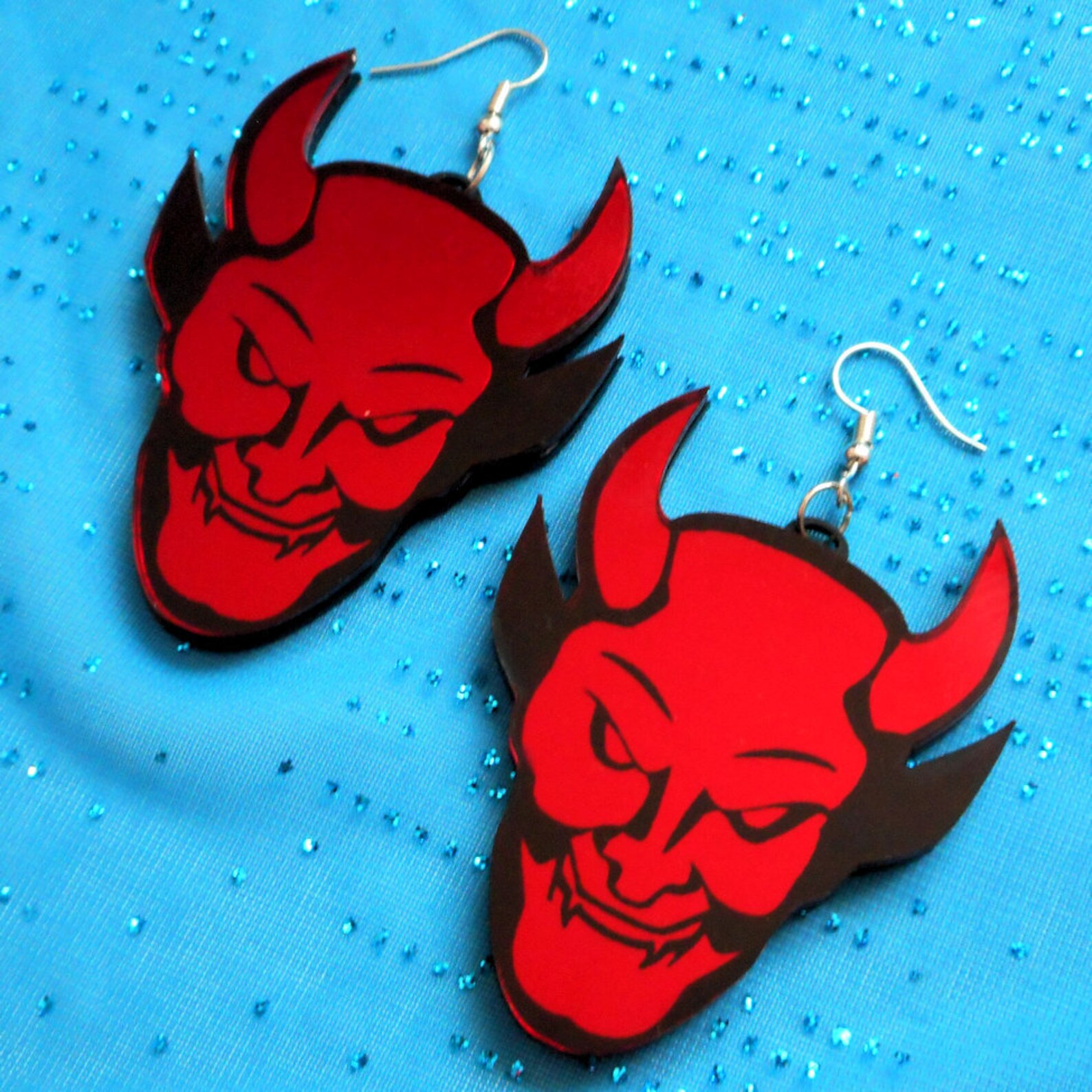 Red & Black Mirrored Acrylic Devil Satan Portrait Earrings | Etsy