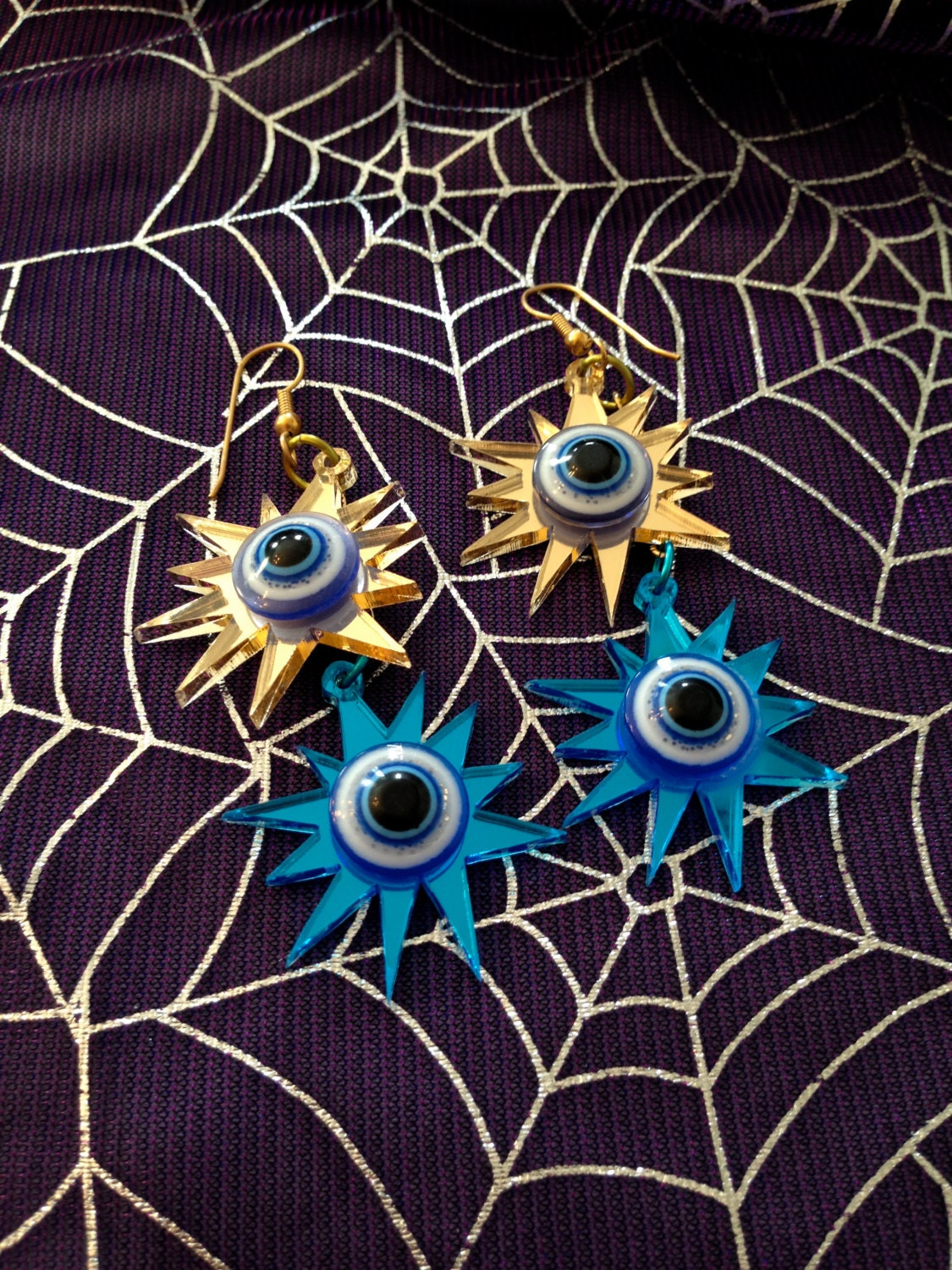 Multi-color EVIL EYE Star Burst Dangle Earrings Blue and | Etsy