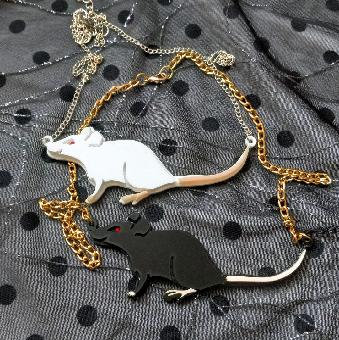 Black or White Rat Acrylic Necklace With Red Rhinestone Eye, Gold or ...