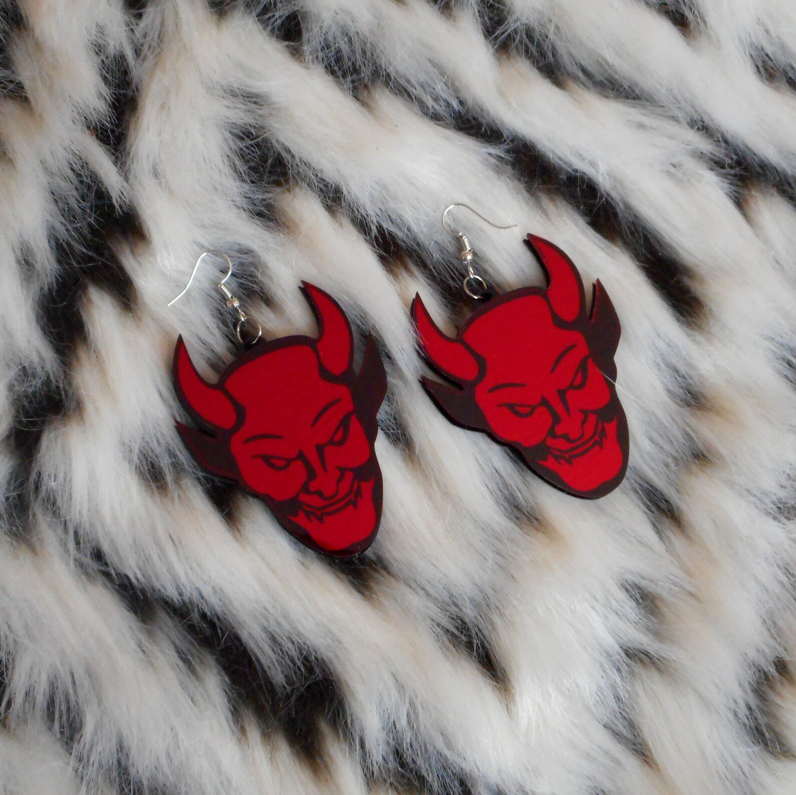 Red & Black Mirrored Acrylic Devil Satan Portrait Earrings | Etsy