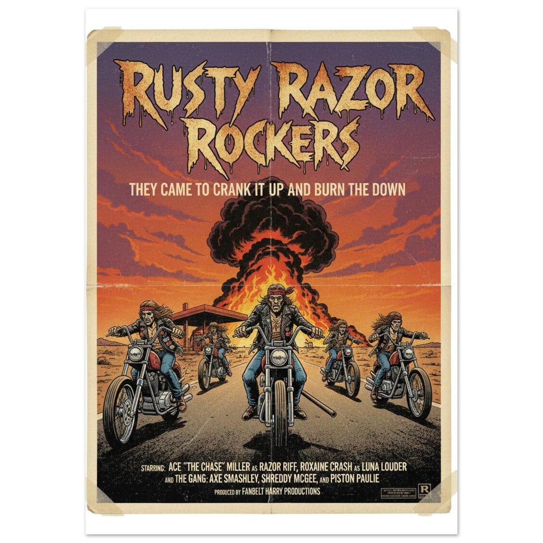 Rusty Razor Rockers Poster | Retro Biker Horror Wall Art | Grindhouse ...