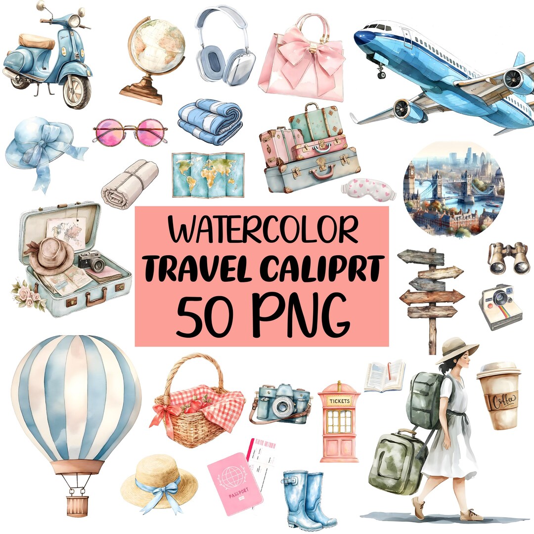 Watercolor Travel Clipart, Vacation PNG, Tourism Clipart, Boho Travel ...