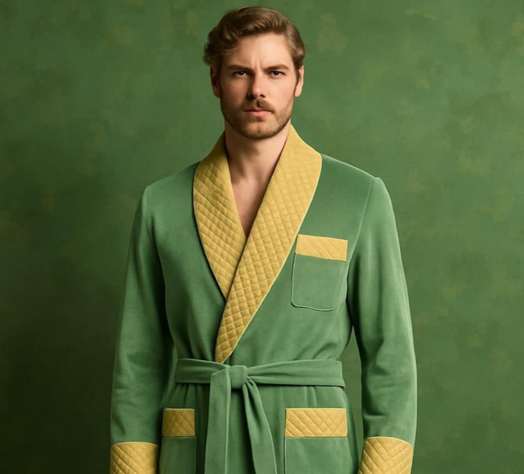 Long Robe Sage Green Velvet Long Robe With Quilted Gold Trim is a ...