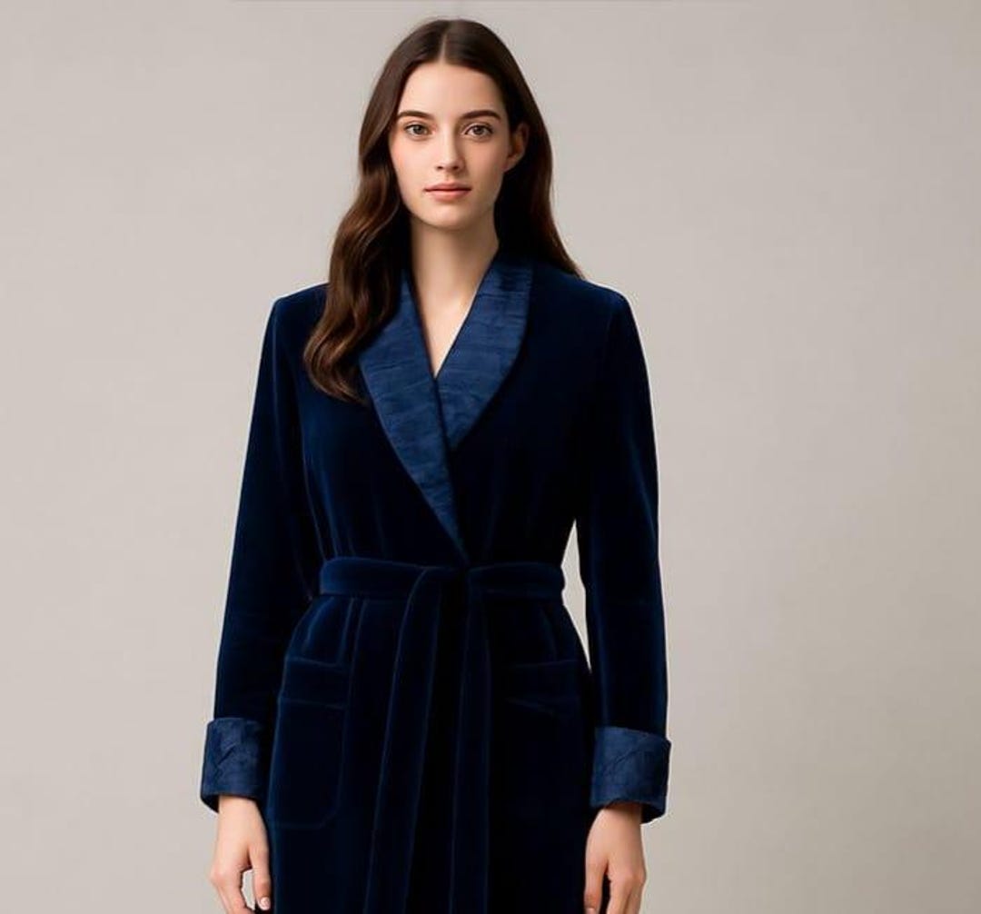 Women's Navy Blue Velvet Robe Elegant Full Length Shawl Collar& Belt ...