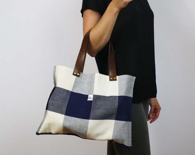 Medium Fabric Tote With Leather Handles Navy/natural Buffalo Check - Etsy