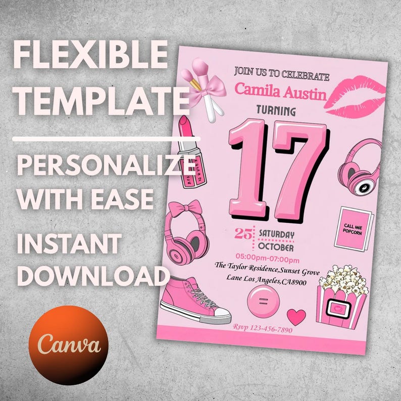 Pink Aesthetic Birthday Invitation, Teen Girl Party (editable Canva) - Etsy