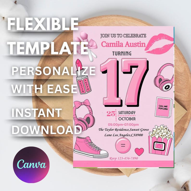 Pink Aesthetic Birthday Invitation, Teen Girl Party (editable Canva) - Etsy