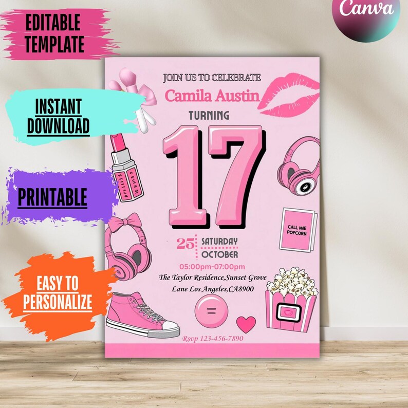 Pink Aesthetic Birthday Invitation, Teen Girl Party (editable Canva) - Etsy