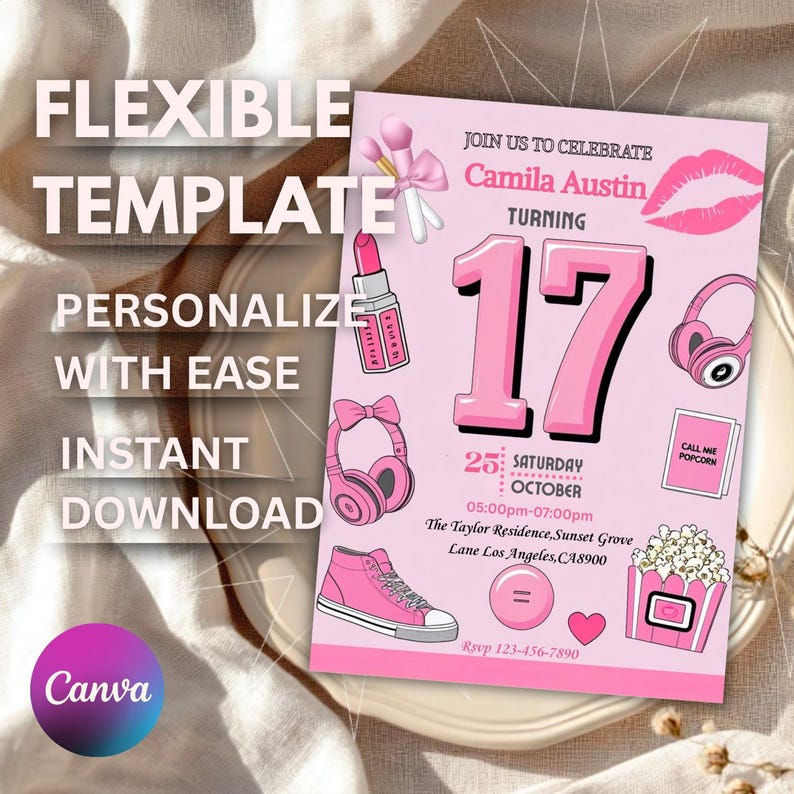 Pink Aesthetic Birthday Invitation, Teen Girl Party (editable Canva) - Etsy