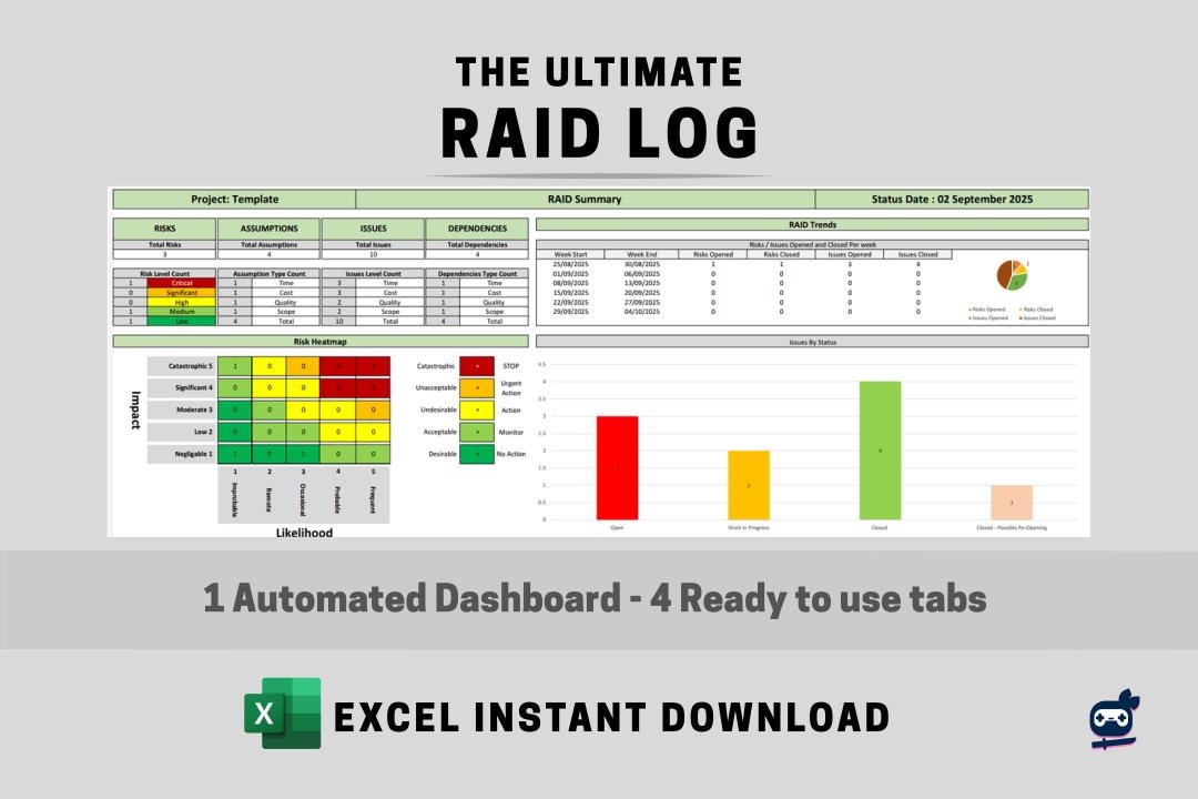 RAID Log Template | Risk, Assumption, Issue & Dependency Tracker | Project Management Excel ...