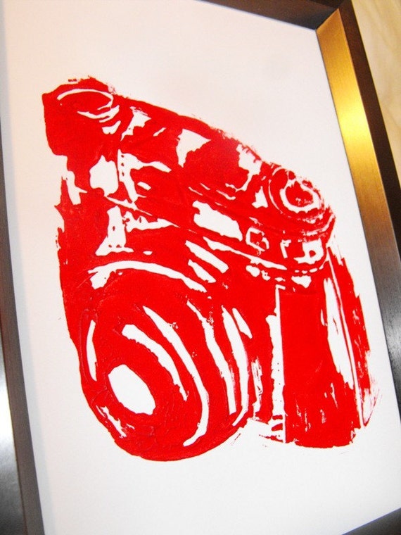 Items similar to PRINT- Lino Print, Vintage Camera in Red on Etsy