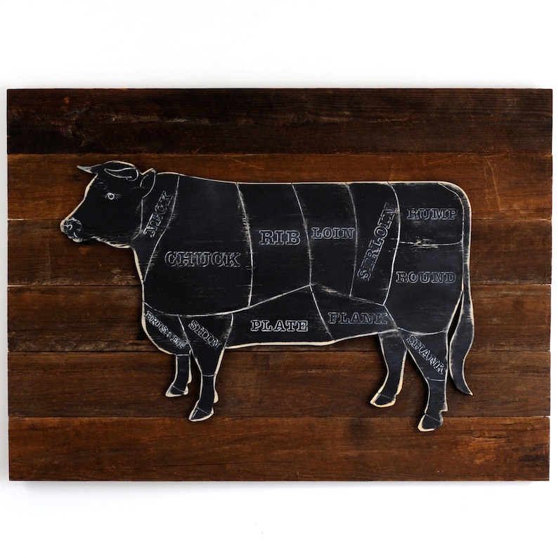 Rustic Cow Butcher Shop Sign Beef Cut Meat Chart Restaurant Decor Cow ...