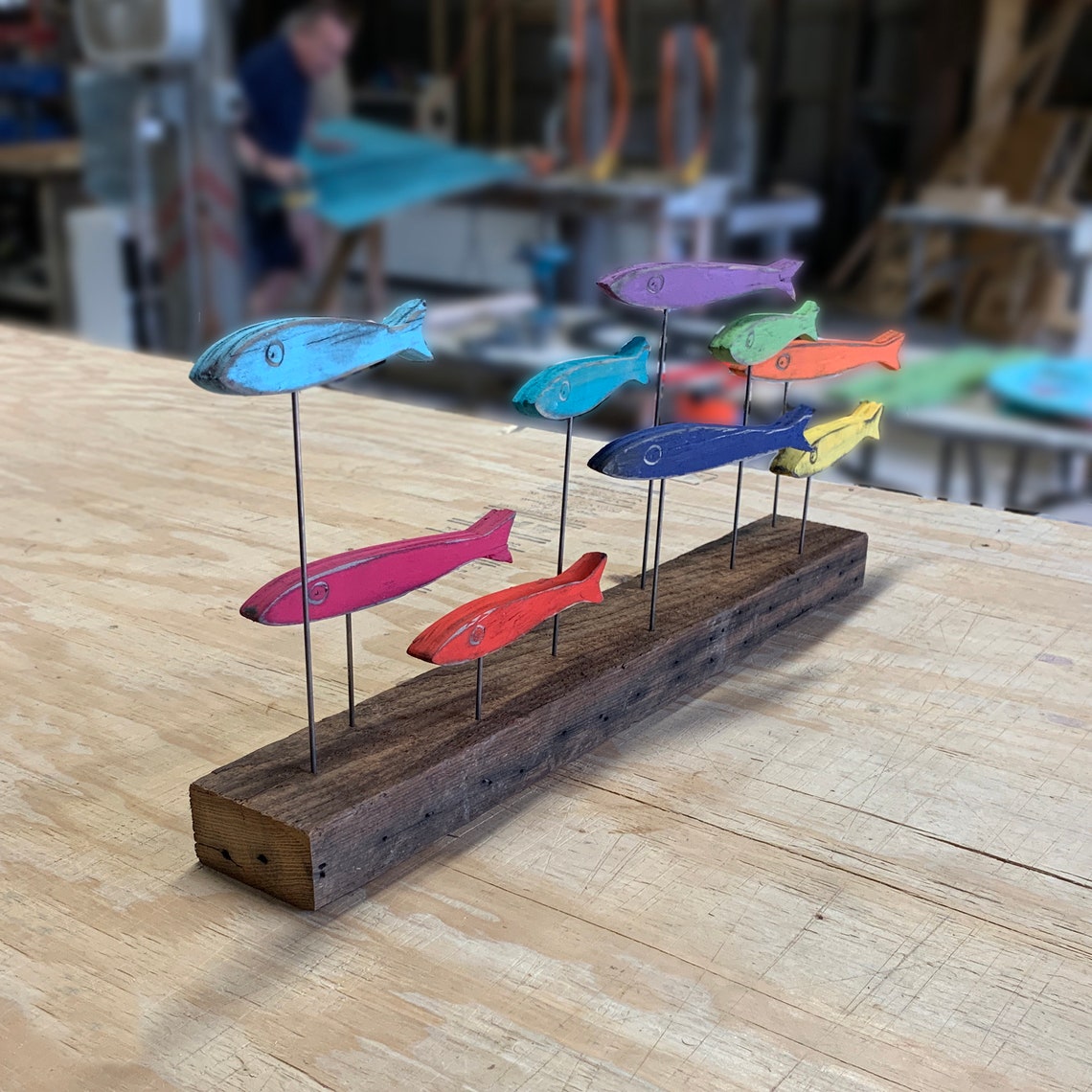 Funky Fish Sculpture Minnow Fish School Wood Fish Art Beach Decor ...