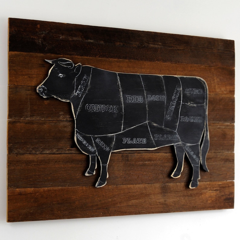 Rustic Cow Butcher Shop Sign Beef Cut Meat Chart Restaurant Decor Cow ...