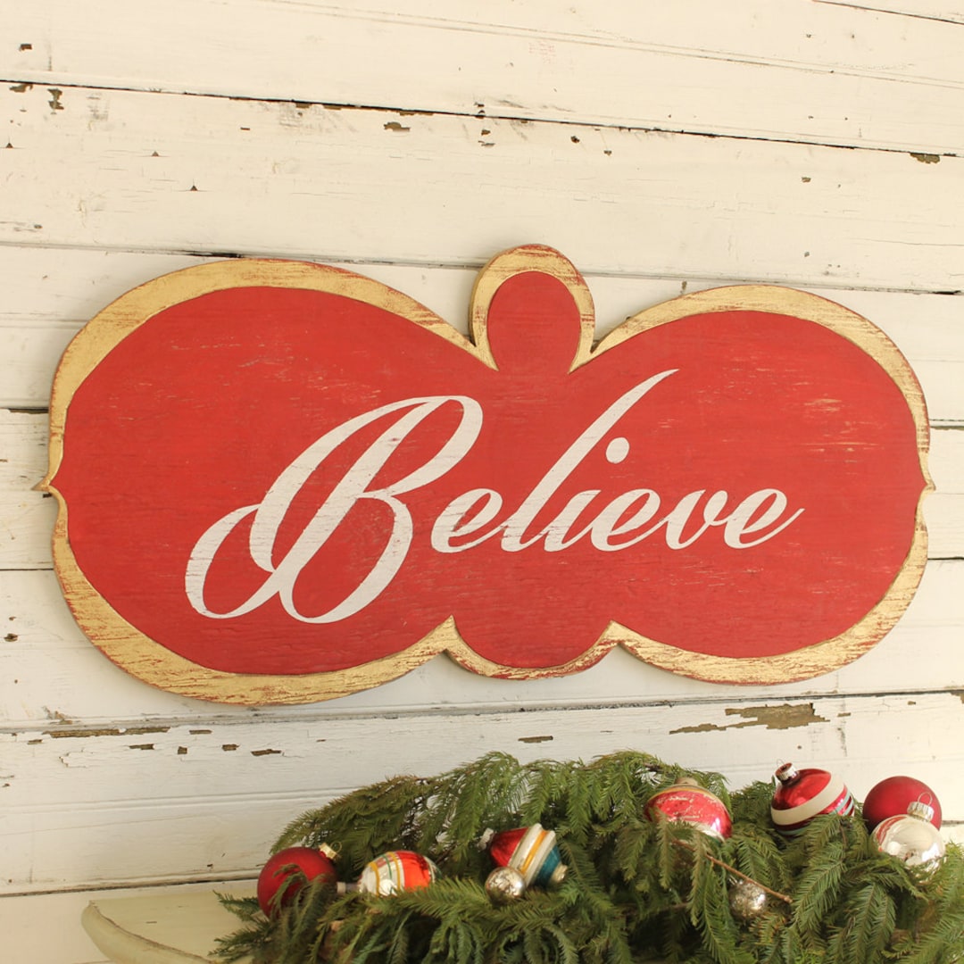 Believe Christmas Sign Holiday Decor Red Gold Mantel Sign - Etsy
