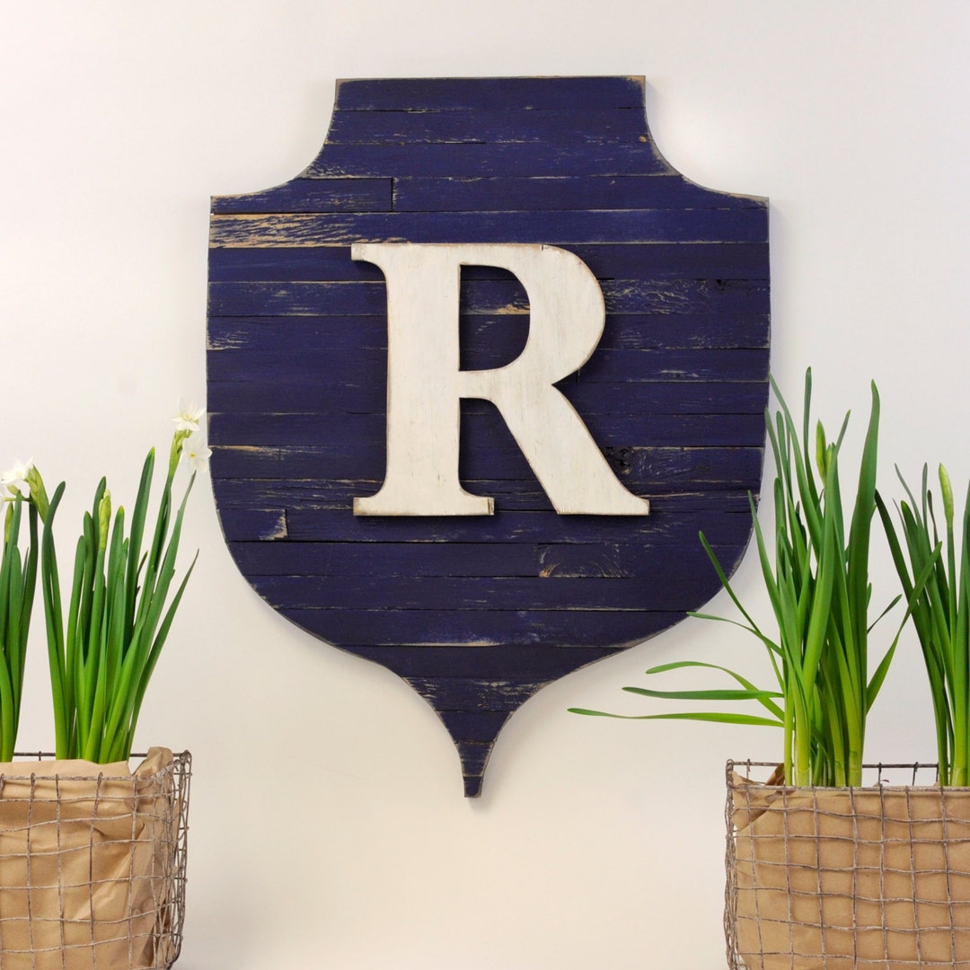 Navy Monogram Shield Pallet Style Personalized Letter Home Decor ...