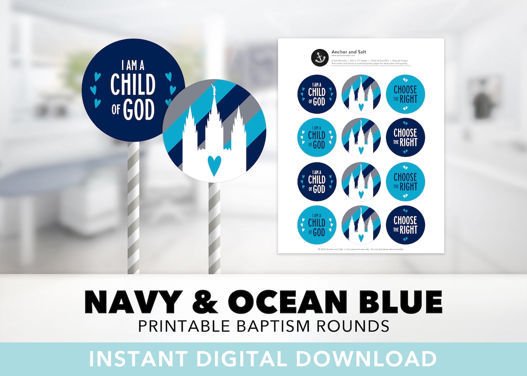 LDS Baptism Round Labels — Navy Blue & Ocean Blue, LDS Primary, Cupcake ...