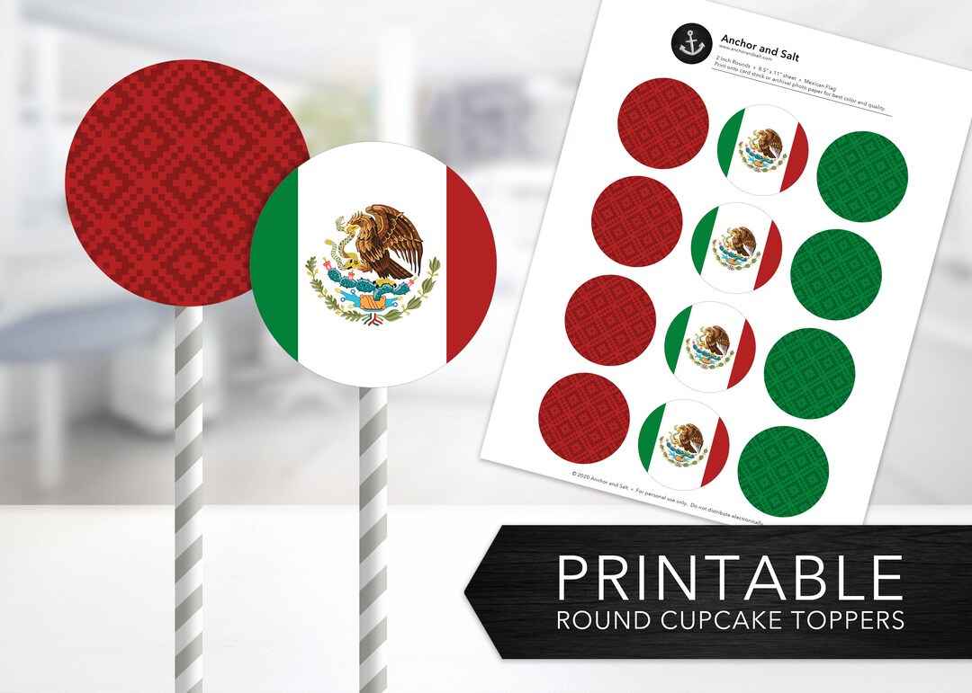 Mexican Flag Cupcake Toppers Mexico Flag, Fiesta, Cinco De Mayo, Round ...