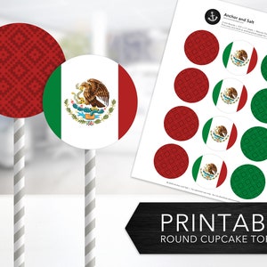 Mexican Flag Cupcake Toppers Mexico Flag, Fiesta, Cinco De Mayo, Round ...