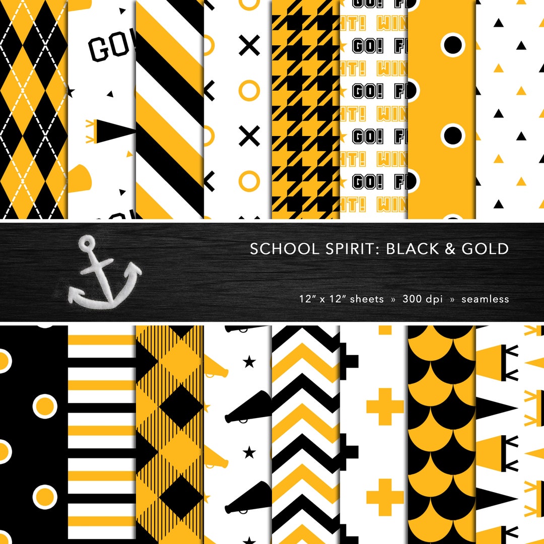 School Spirit Digital Paper Set — Black & Gold, School Colors, Pep ...