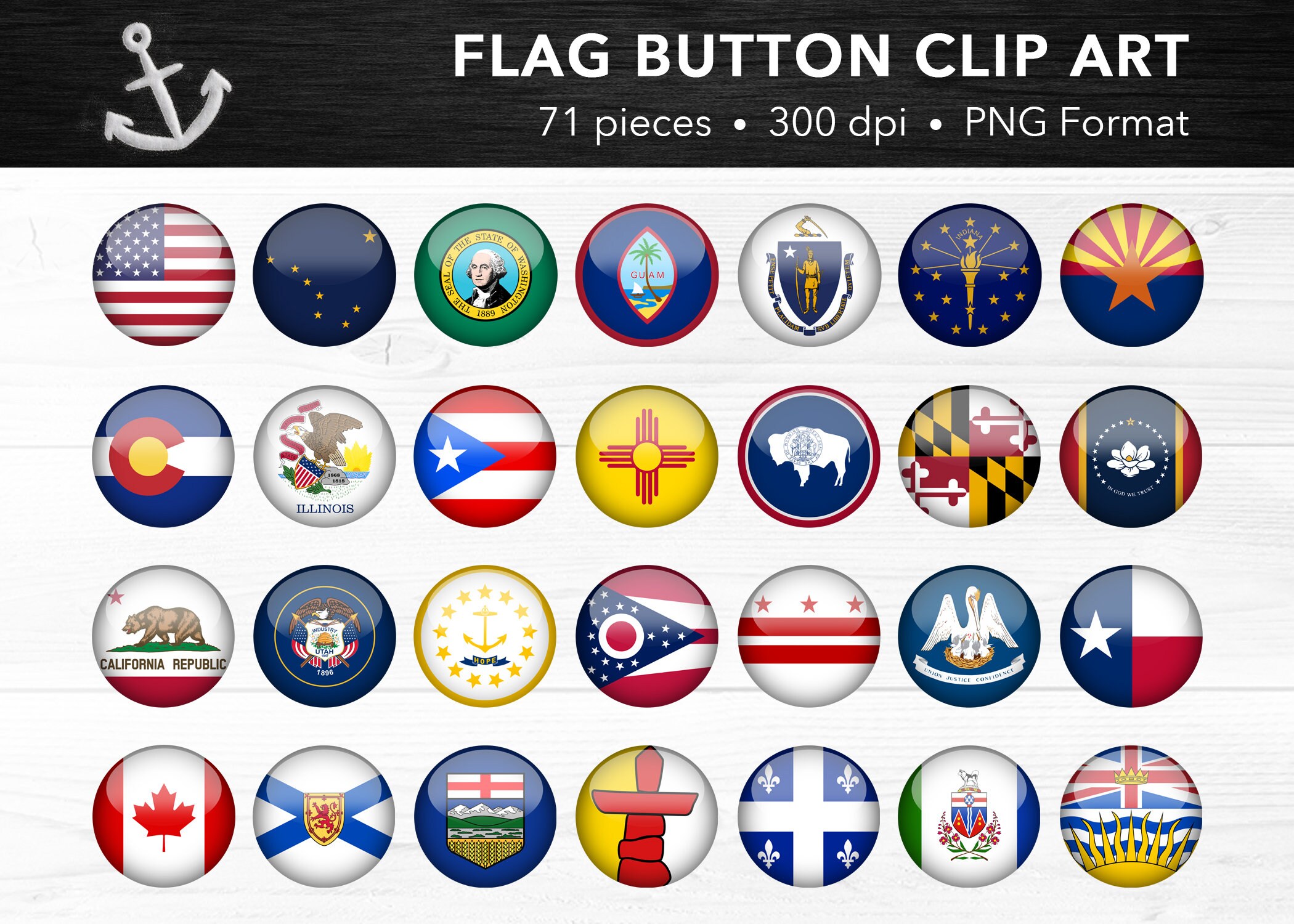 US & Canada Flag Button Clip Art United States State | Etsy