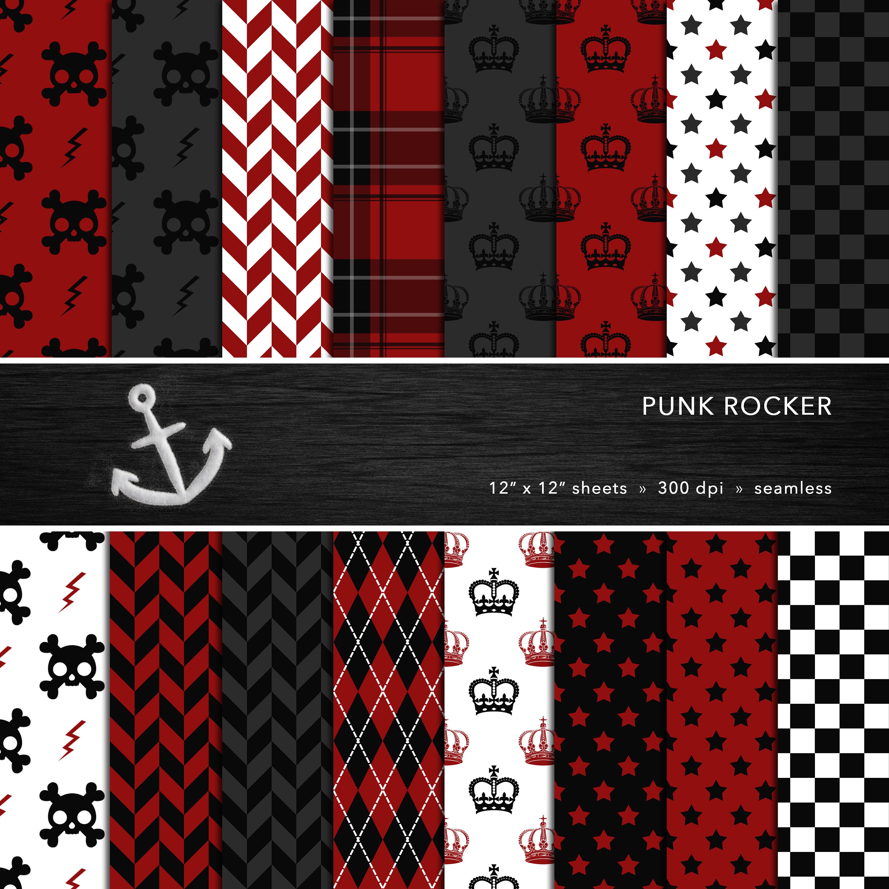 Punk Rocker Digital Paper Set — Red & Black, Red and White, Skater, Emo ...