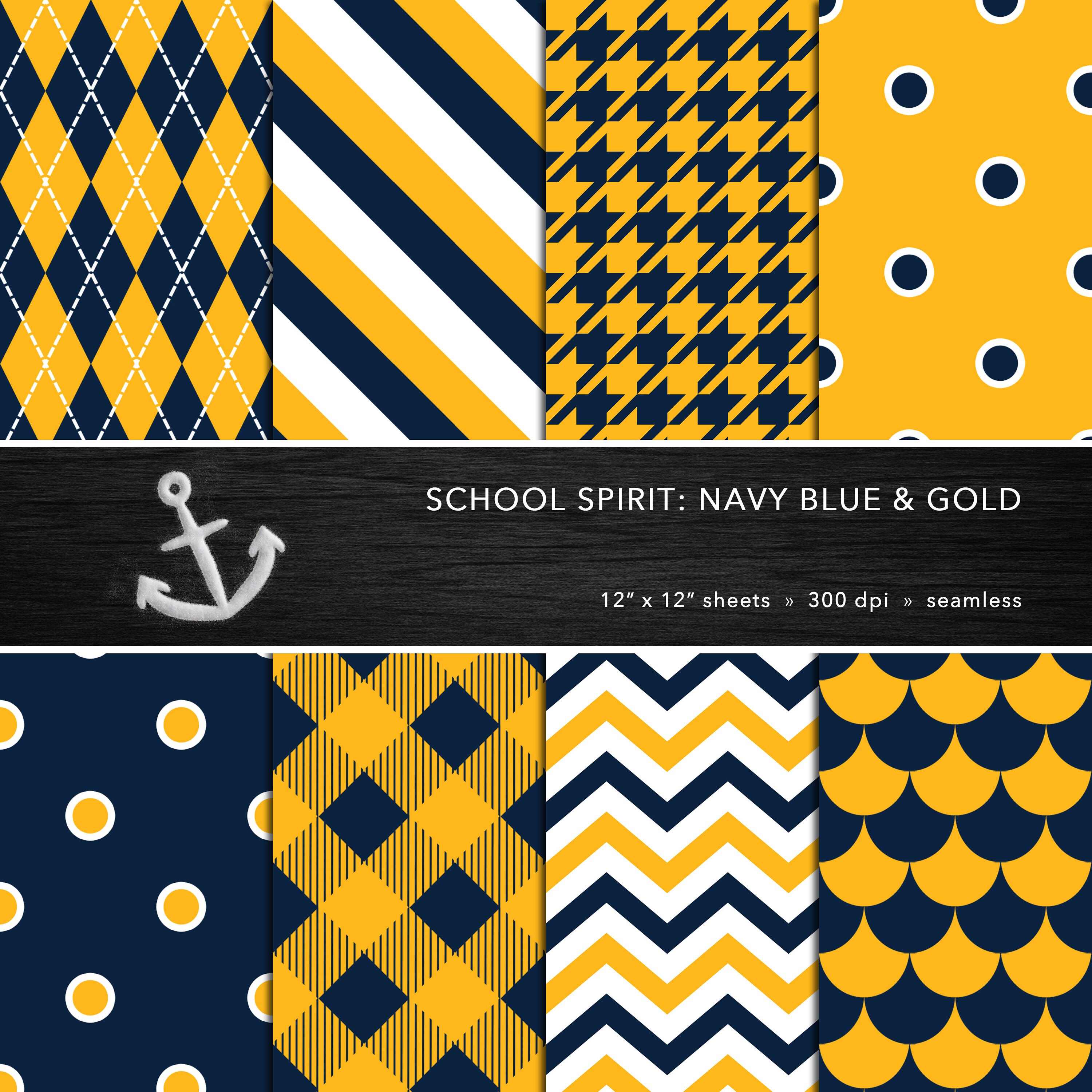 School Spirit Digital Paper Set Navy Blue & Gold Yellow | Etsy