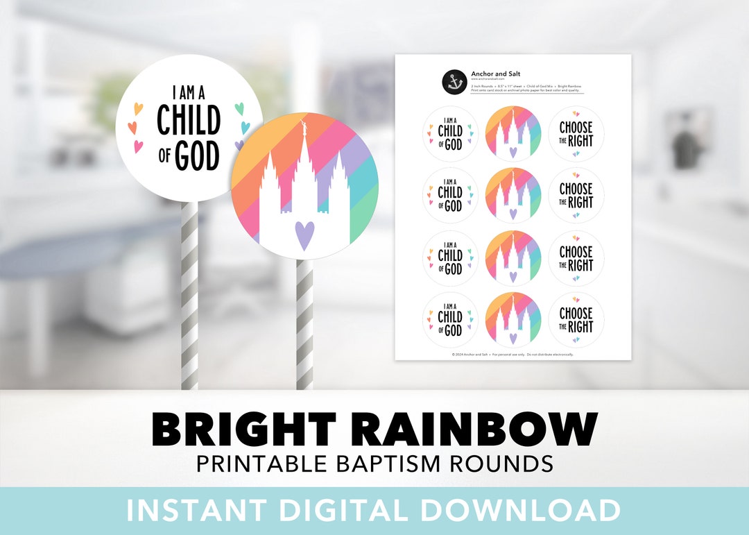 LDS Baptism Round Labels — Bright Rainbow, LDS Primary, Cupcake Toppers ...