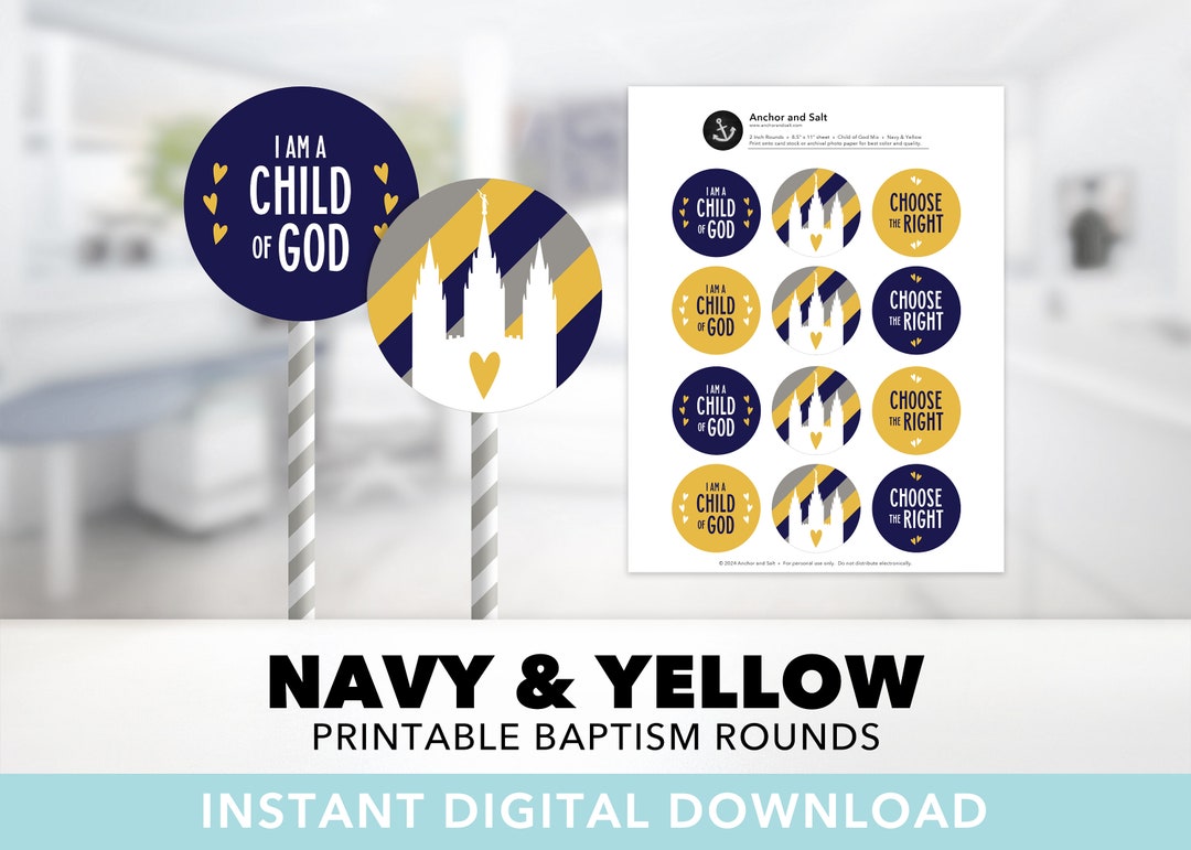 LDS Baptism Round Labels — Navy & Yellow, LDS Primary, Cupcake Toppers ...