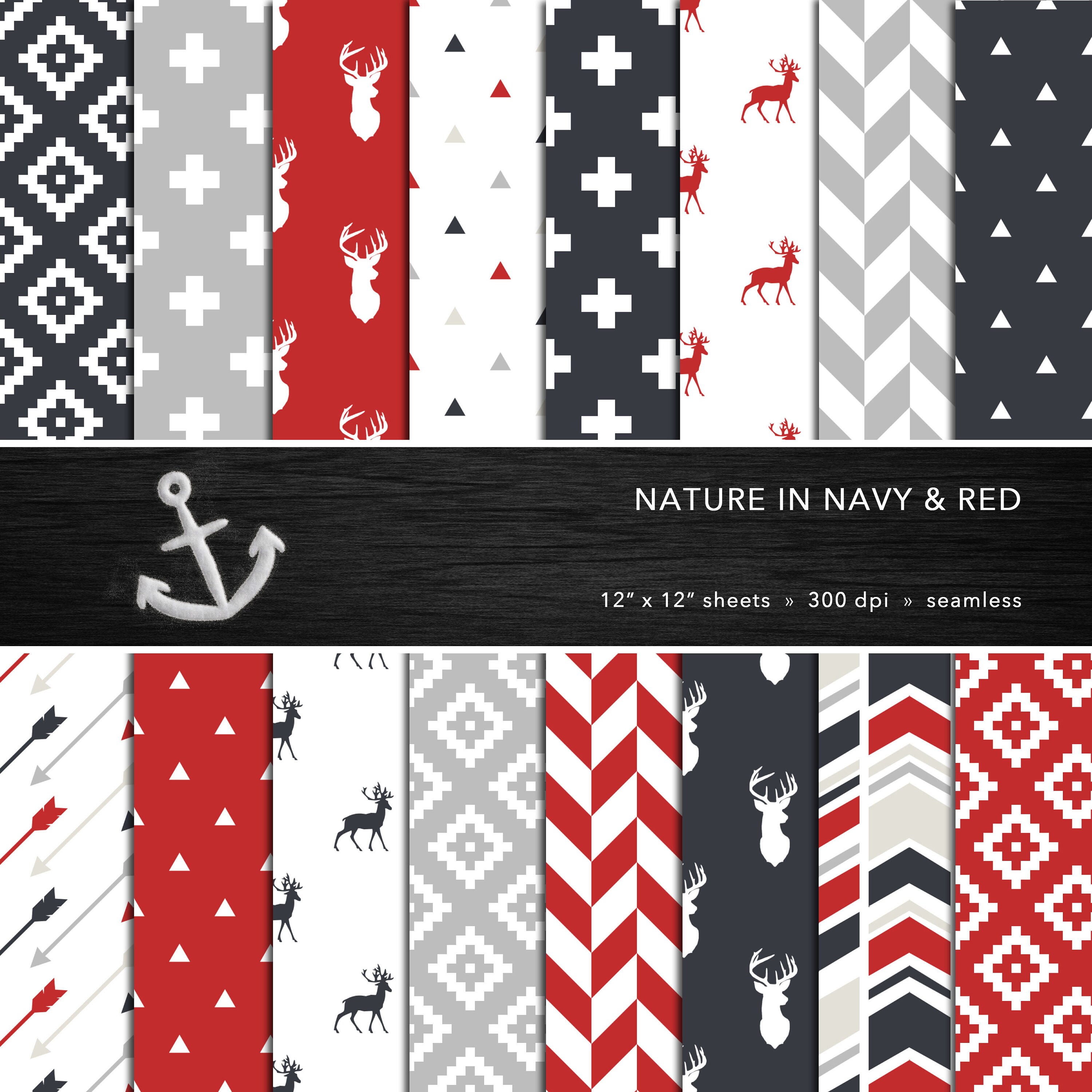 Nature Digital Paper Set — Navy & Red, Navy Blue, Red and Gray, Deer ...
