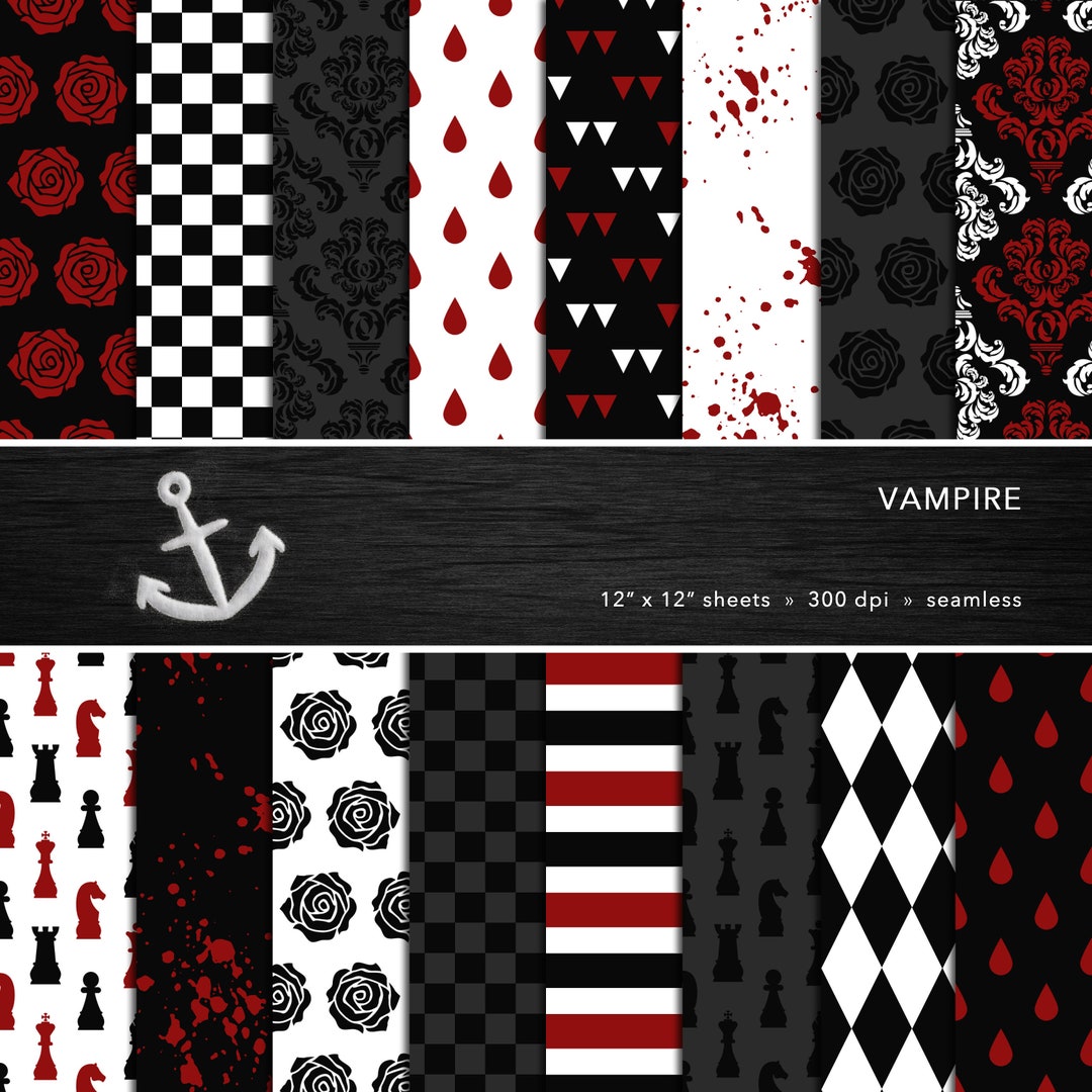 Vampire Digital Paper Set — Gothic, Black & Red, Damask, Roses, Chess ...