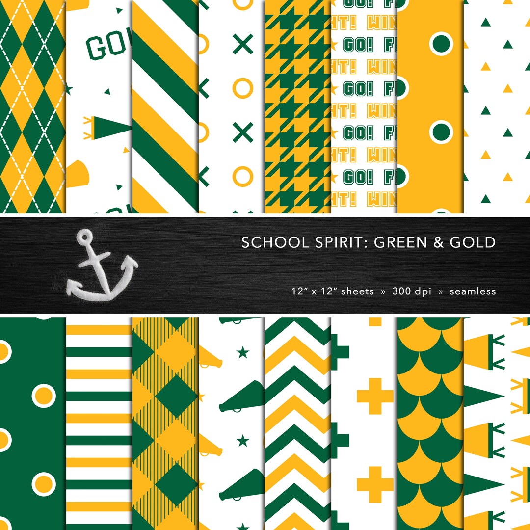 School Spirit Digital Paper Set — Green & Gold, School Colors, Pep ...