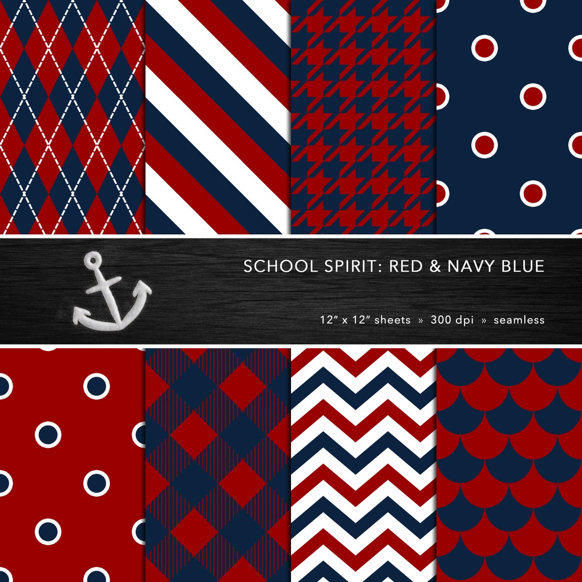 School Spirit Digital Paper Set Red & Navy Blue School | Etsy