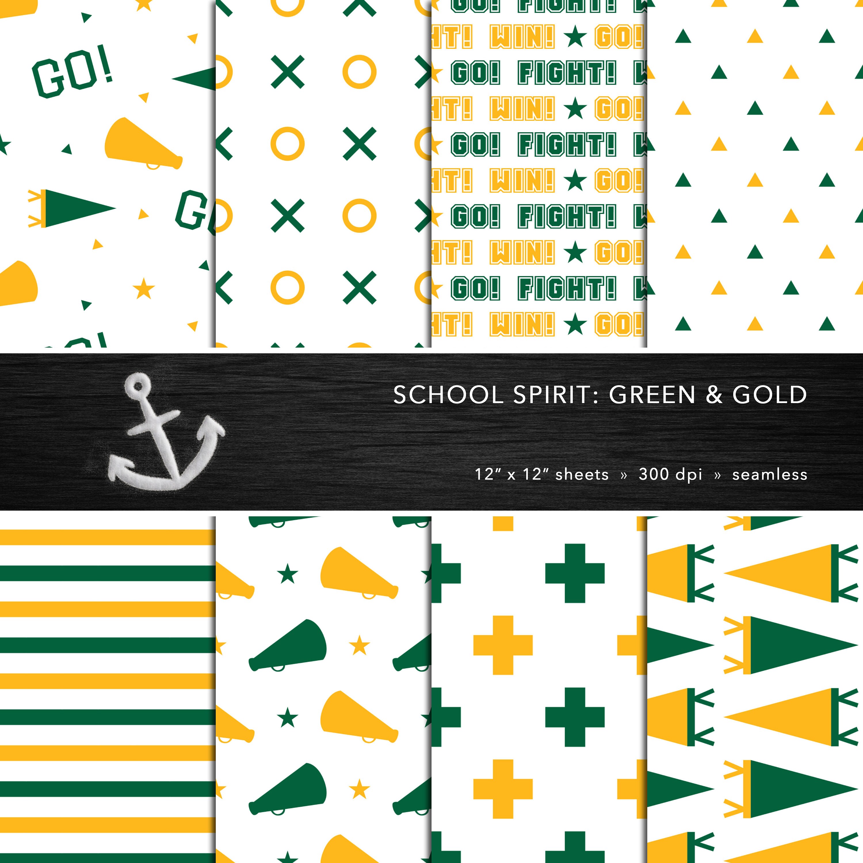 School Spirit Digital Paper Set — Green & Gold, School Colors, Pep ...