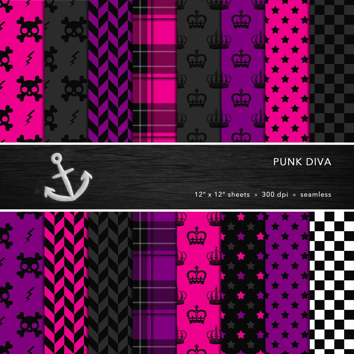 Punk Diva Digital Paper Set — Skater Girl, Pink & Purple, Hot Pink ...