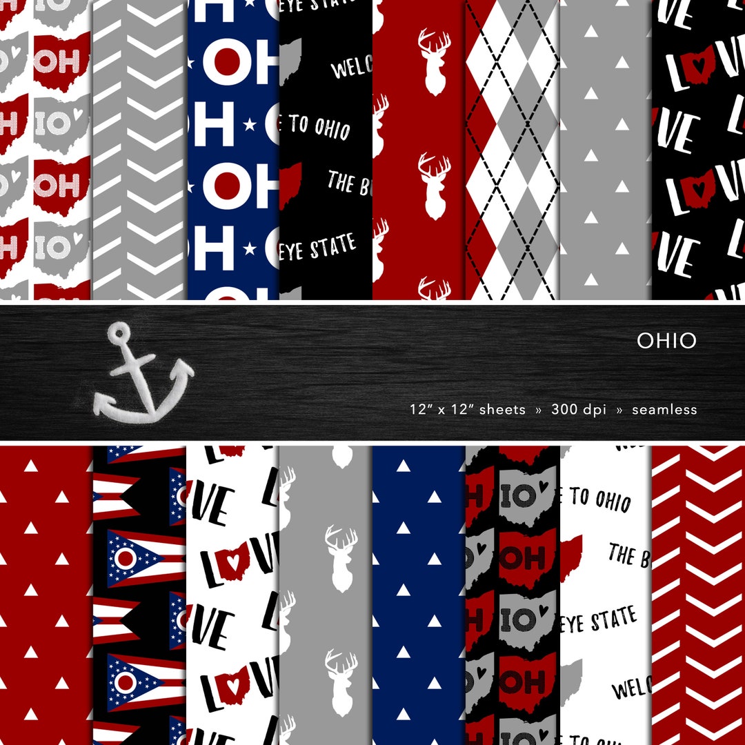 Ohio Digital Paper Set — Red and Gray, Ohio Flag, Deer, Ohio Love ...