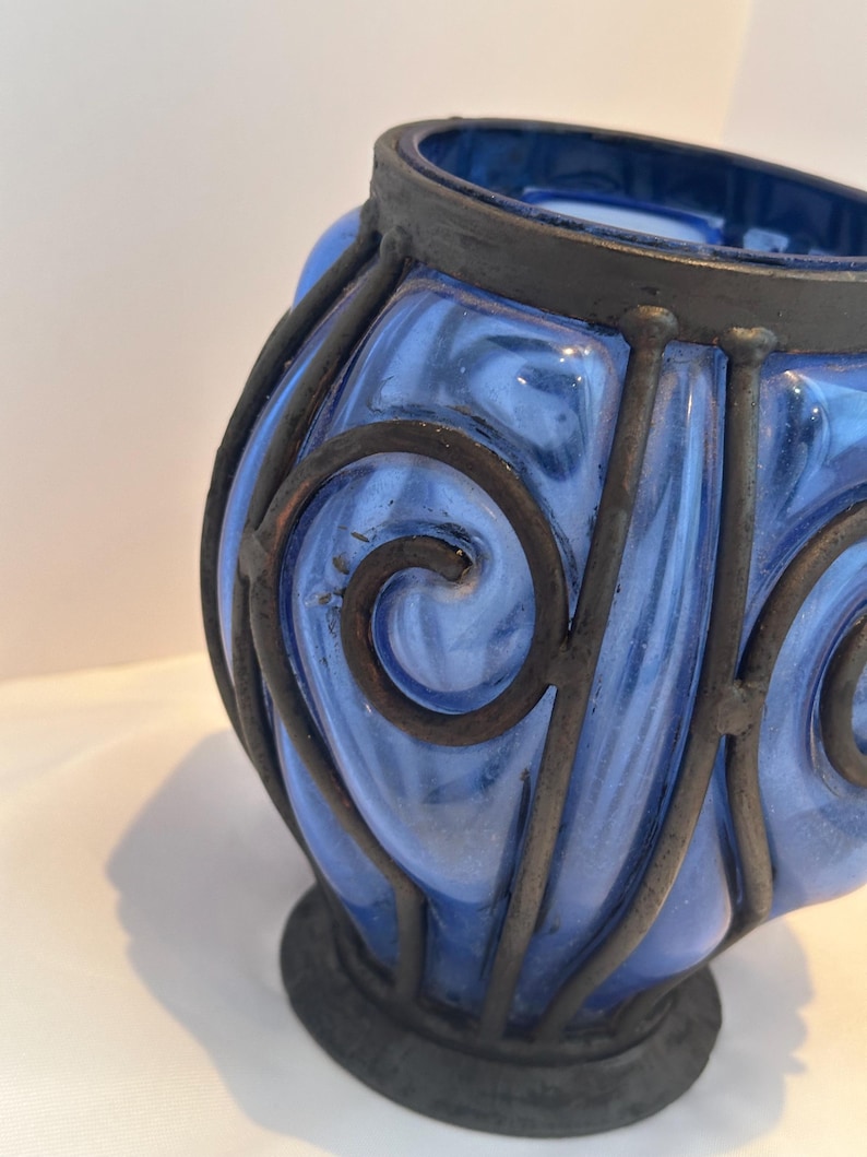 Vintage Cobalt Blue Hand Blown Glass Vase in Wrought Iron Cage. - Etsy