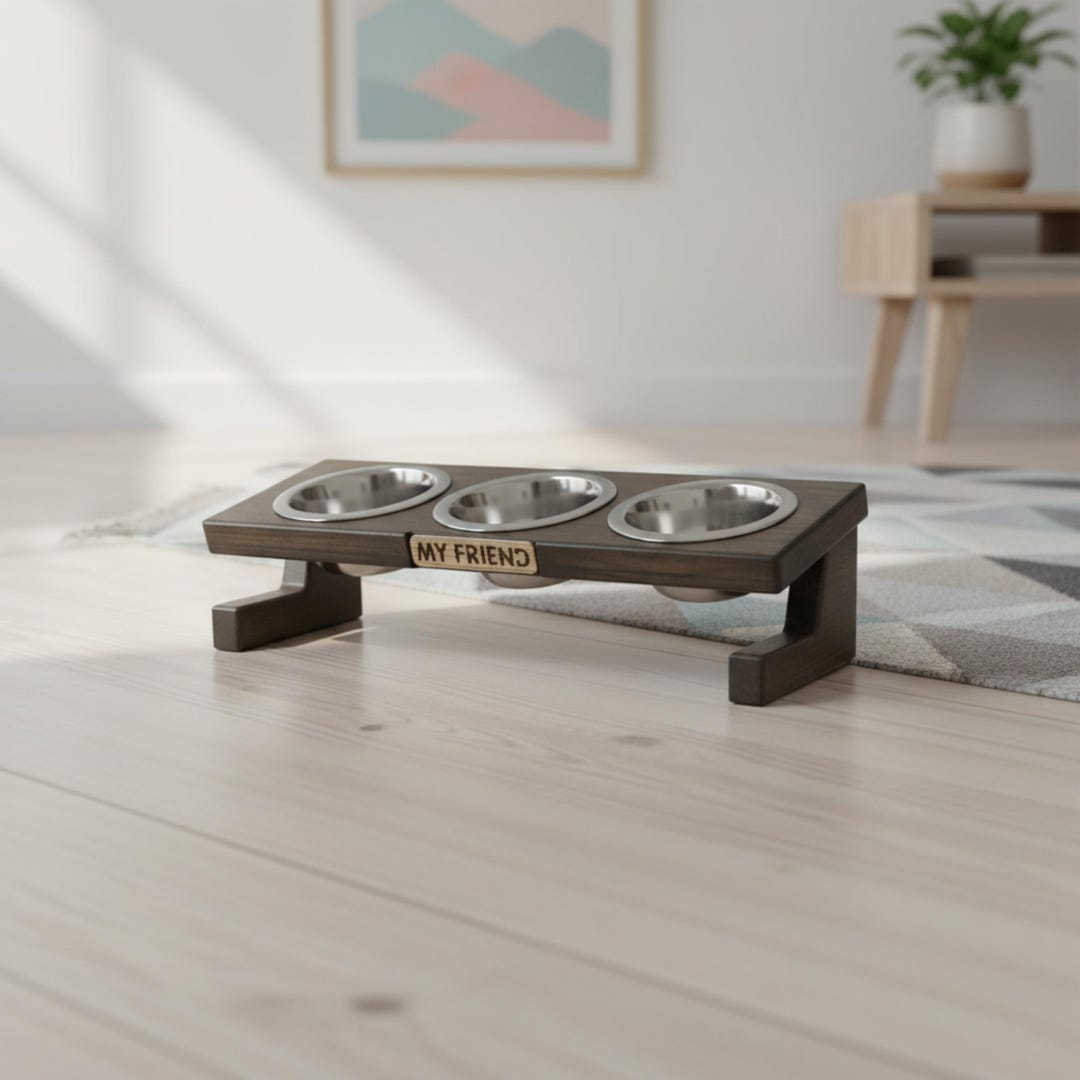 Personalized Wooden Triple Pet Feeder: Elevated Cat & Small Dog Bowls ...