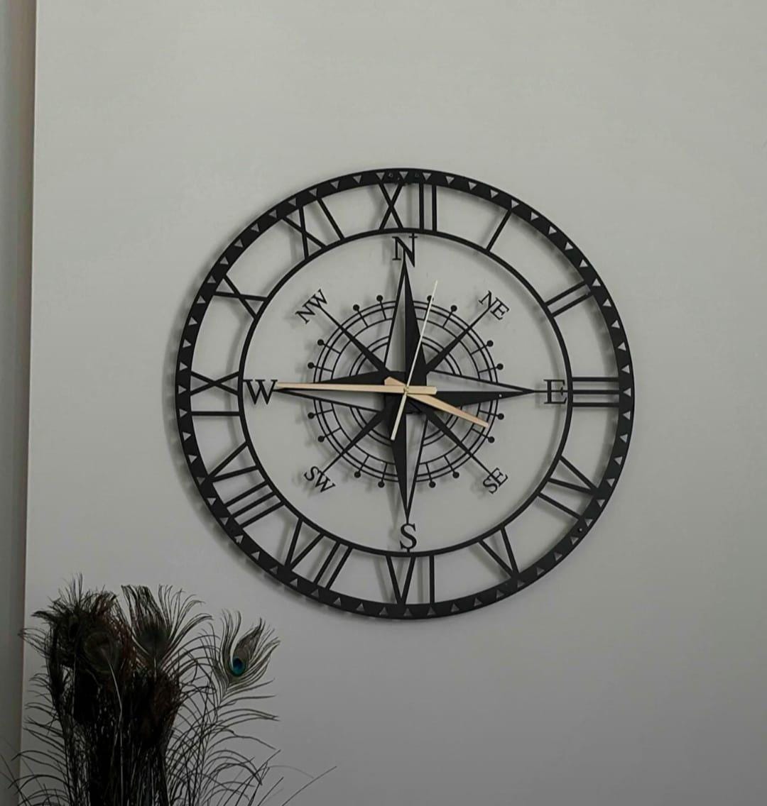 Elegant Black Metal Wall Clock – Roman Numerals & Compass Design - Etsy