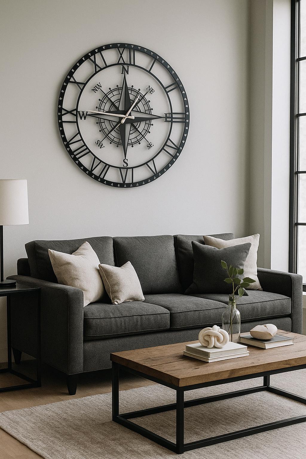 Elegant Black Metal Wall Clock – Roman Numerals & Compass Design - Etsy