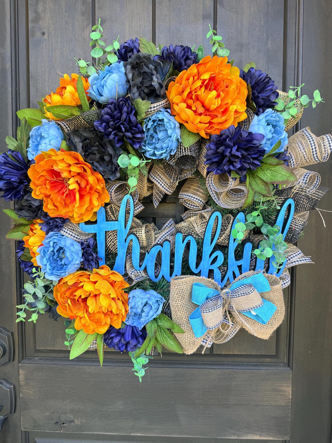 Blue and Gold Floral Thankful Wreath | Front Door Hanger - Etsy