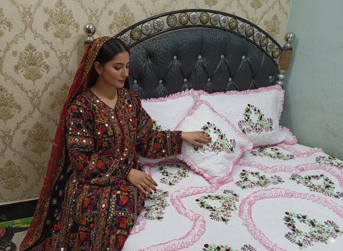 Handmade Embossed Floral Bedsheet Set: Pakistani Embroidery, Wedding ...