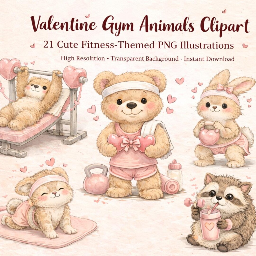 Valentine Gym Clipart PNG | Cute Fitness Animals | Workout Valentine ...