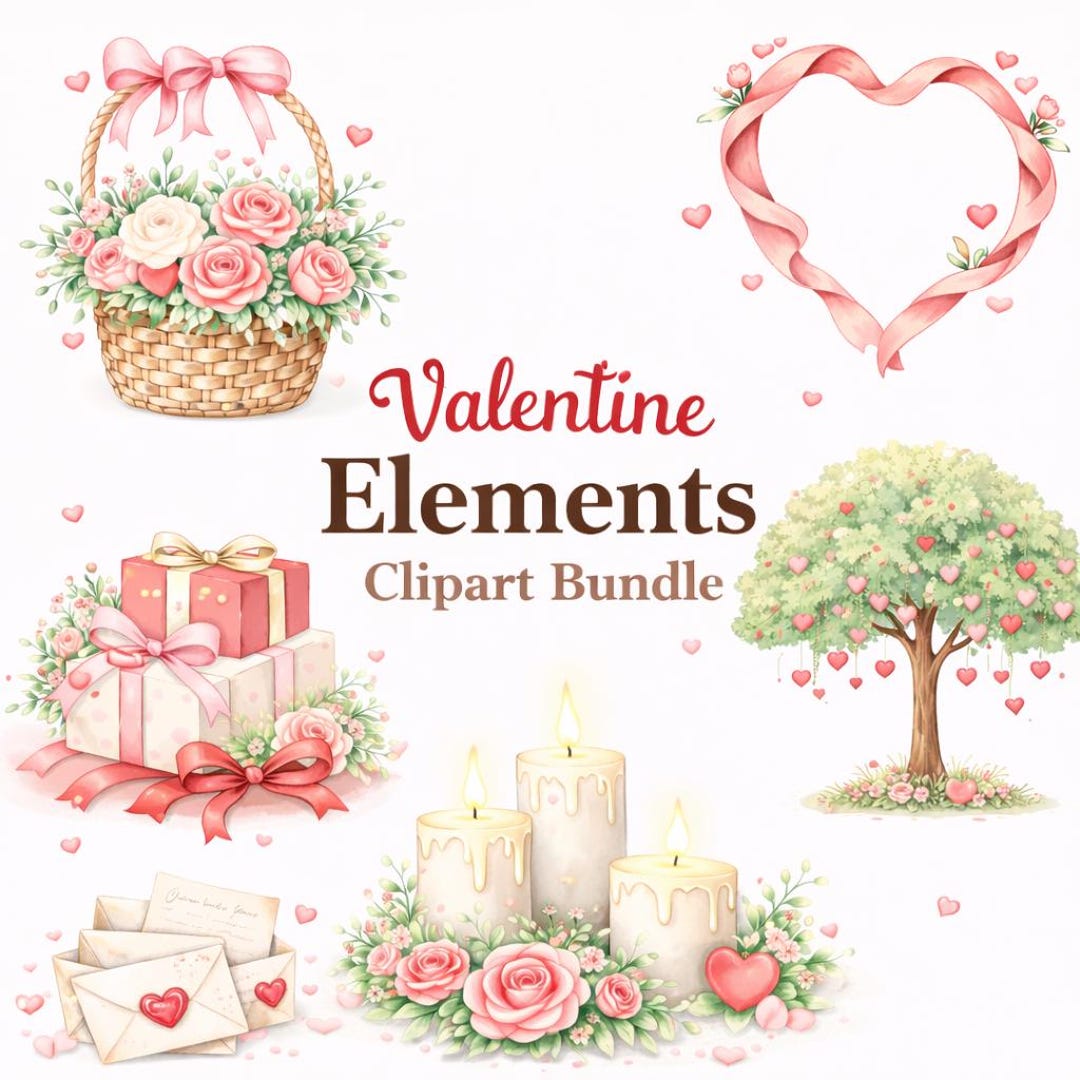 Watercolor Valentine Clipart Bundle | Hearts, Florals, Love Elements ...