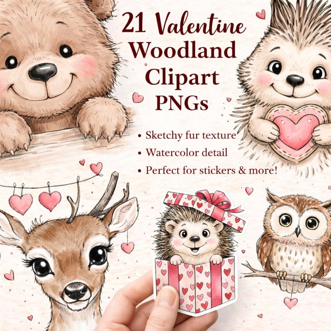Valentine's Woodland Animal Clipart PNG | Whimsical Cute Forest Animals ...