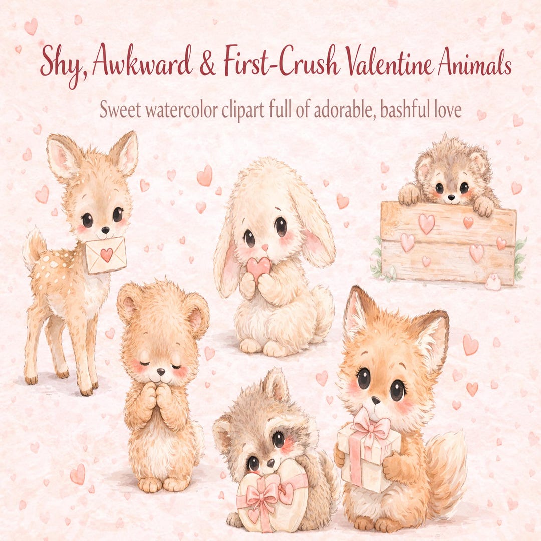 Shy Valentine Animals Clipart Bundle (21 PNG) | Cute Awkward Love ...