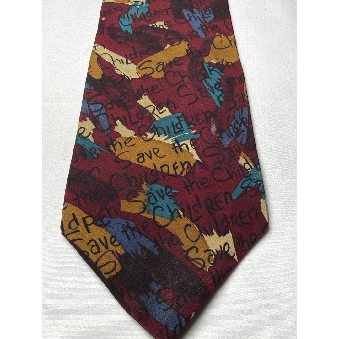Save the Children Silk Necktie Burgundy Multi Color Text Print Neck Tie ...