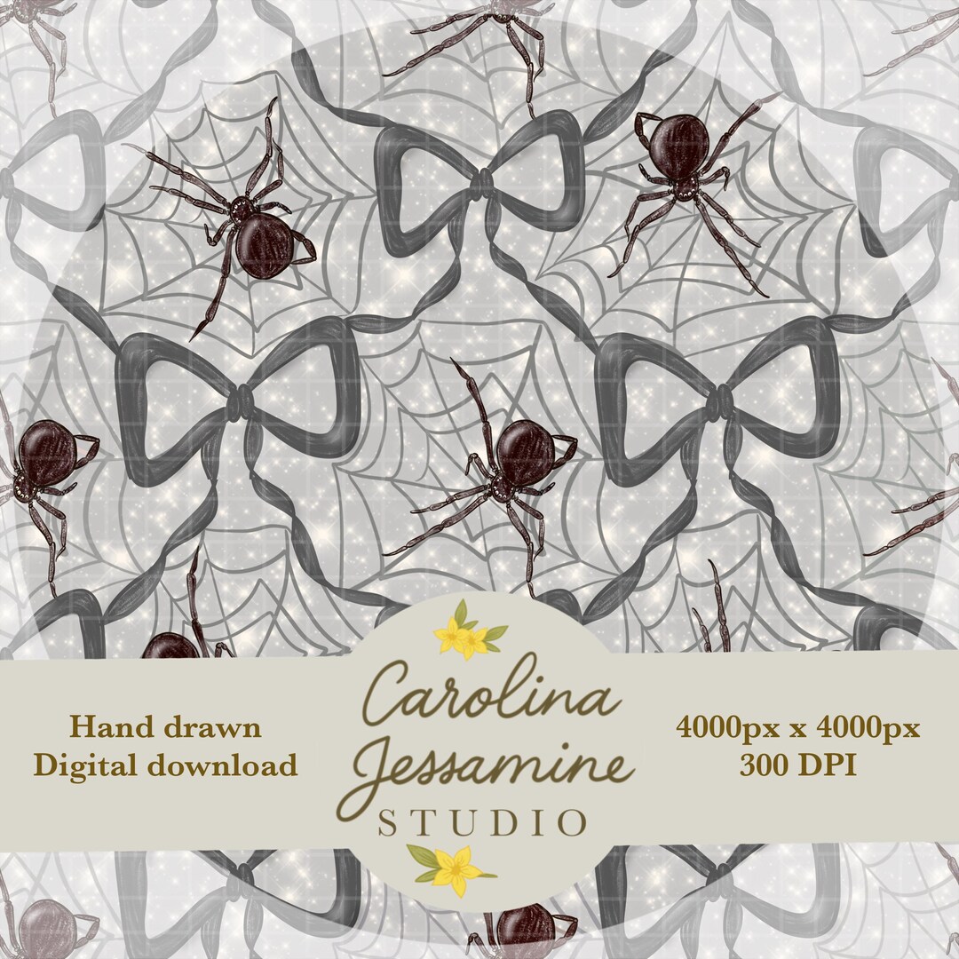 Hand Drawn Gothic Halloween Spider Webs & Bows Seamless Digital Pattern ...